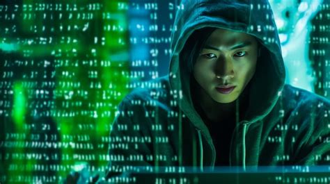 Premium Photo A Hacker Man In A Hoodie Sitting With Green Blurred