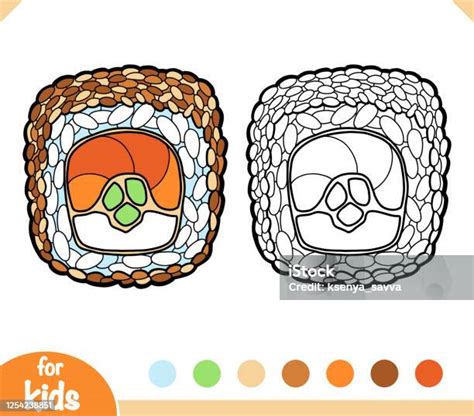 สมุดระบายสี ม้วนซูชิกับเมล็ดงาและปลาแซลมอน ภาพประกอบสต็อก ดาวน์โหลดรูปภาพตอนนี้ การศึกษา