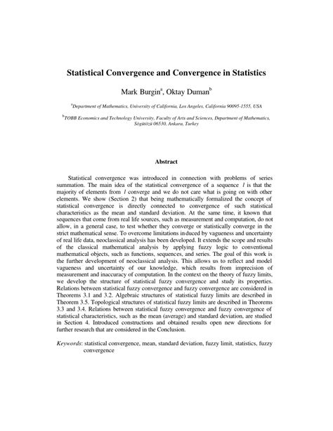 Pdf Statistical Convergence And Convergence In Statistics