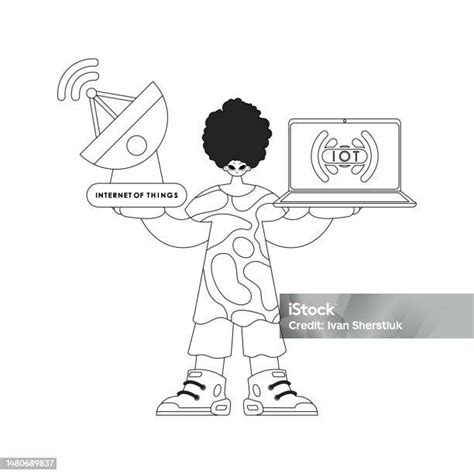 그는 벡터 선형 방식으로 Iot 데이터로 작업하기위한 안테나와 랩톱을 가지고 있습니다 기계류에 대한 스톡 벡터 아트 및 기타 이미지 기계류 노트북 데이터 Istock