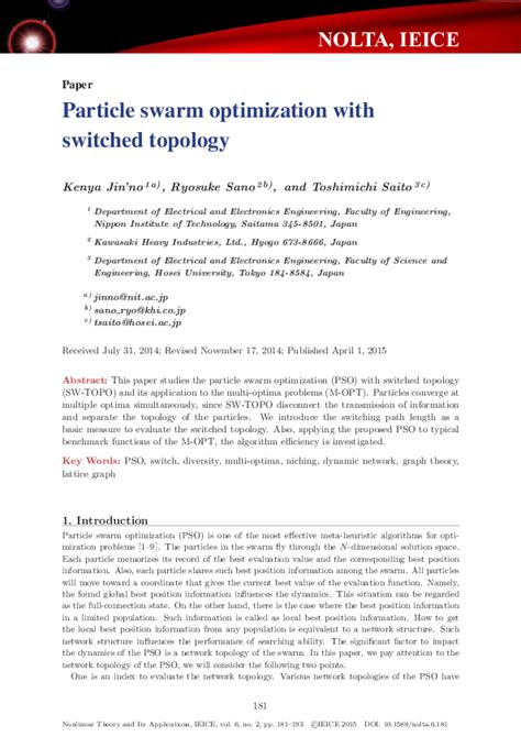 Pdf Particle Swarm Optimization With Switched Topology