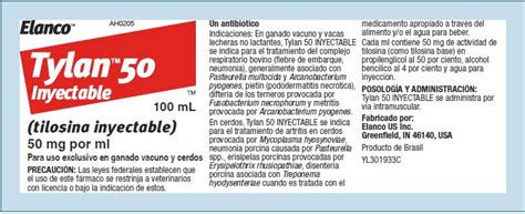 Tylan 50 Inyectable Tilosina Inyectable 50 Mg Por Ml Bottle Label