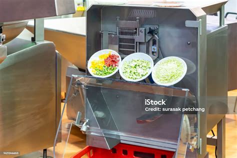 식품 산업을위한 자동 상업용 야채 슬라이서 기계로 자르는 과정 후에 그릇에 있는 견본 야채 그리고 과일 갈기갈기 찢어진에 대한 스톡 사진 및 기타 이미지 Istock