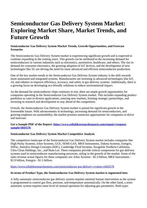 Reportprime Semiconductor Gas Delivery System Market Exploring Market Share Market Trends