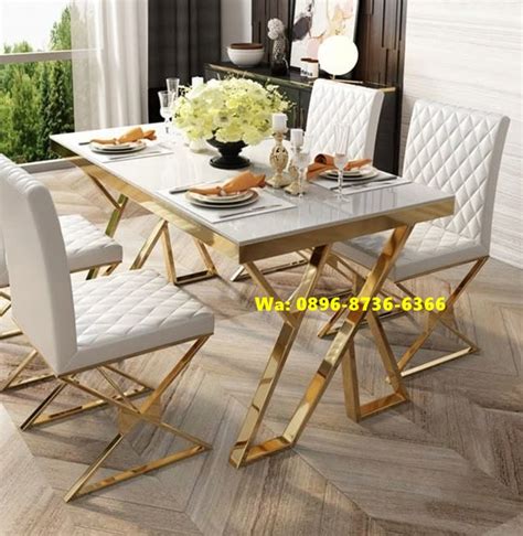 Meja Makan Marmer Elegant Kaki Stainless Silver Silang Indonesia