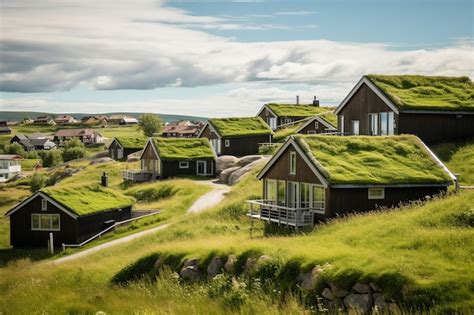 Premium Ai Image Nordic Village Turf Roof Houses Modern Ecoarchitecture