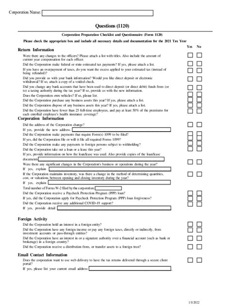 Fillable Online 1120 Fillable Questionnaire Fax Email Print Pdffiller