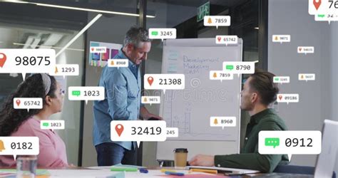 Image Of Notification Bars Over Diverse Manager Explaining Strategy To