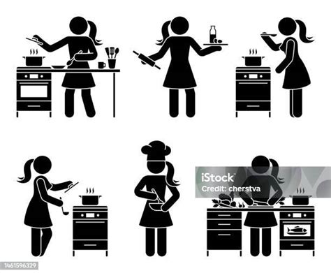 스틱 그림 집에서 요리하는 여성 벡터 삽화 수프를 만들고 식사를 맛보고 야채를 자르는 소녀 아이콘 픽토그램 가공의 인물에 대한 스톡 벡터 아트 및 기타 이미지 Istock