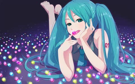 Vocaloid Hatsune Miku Tie Long Hair Balls Green Eyes Lying Down Aqua Hair Anime