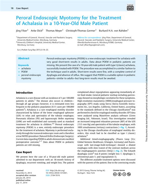 Pdf Peroral Endoscopic Myotomy For The Treatment Of Achalasia In A 10