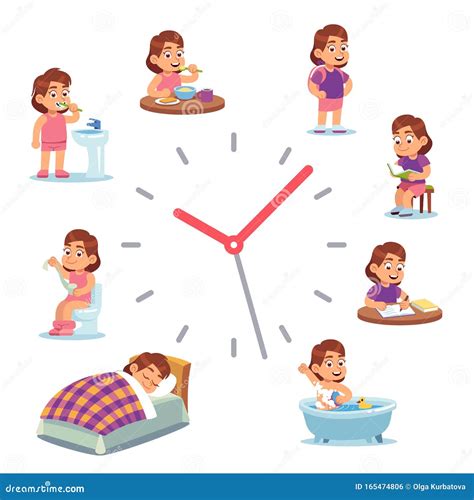 Girl Daily Routine Collection Vector Illustration