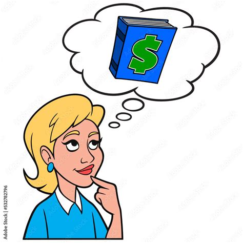 Girl Thinking About The Blue Book Value A Cartoon Illustration Of A