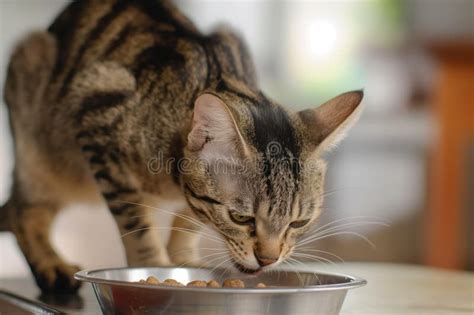 Close Up Of Cute Domestic Cat Eating From Metal Bowl Fluffy Grey