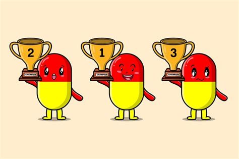 현대적인 스타일의 디자인에 행복한 표정으로 트로피를 들고 있는 귀여운 만화 캡슐 의학 세트 프리미엄 벡터