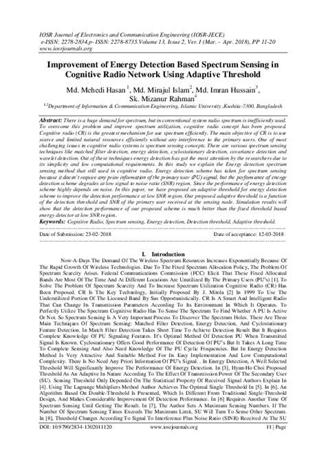 Pdf Improvement Of Energy Detection Based Spectrum Sensing In Cognitive Radio Network Using