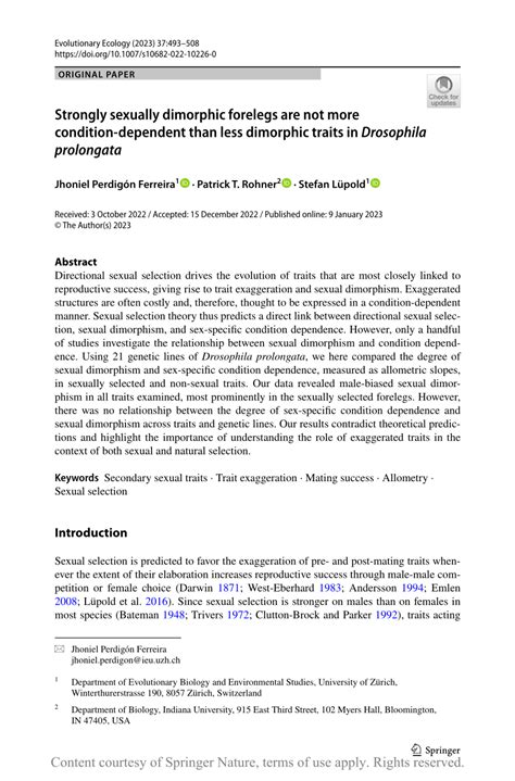 Pdf Strongly Sexually Dimorphic Forelegs Are Not More Condition