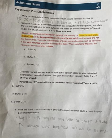Solved And Bases And Experiment 1 Preparing A Buffer Data