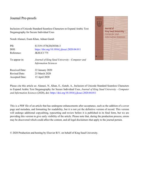 Pdf Inclusion Of Unicode Standard Seamless Characters To Expand Arabic Text Steganography For