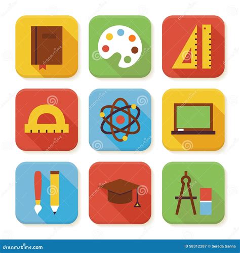 Flat School And Education Squared App Icons Set Stock Vector