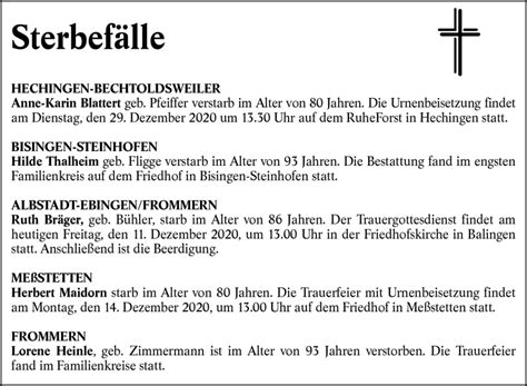 Traueranzeigen von Sterbefälle vom Schwarzwälder Bote Trauer