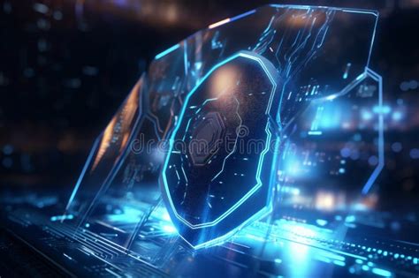 Digital Cyber Security Concept Shield On Circuit Board Background With Blue Lights Abstract