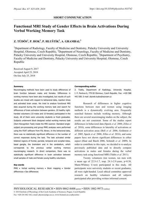 Pdf Functional Mri Study Of Gender Effects In Brain · Differences