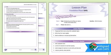 Foundation Phase Sasl My Name Lesson Plan Caps Aligned