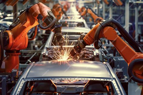 Premium Photo Industrial Robotic Arms Performing Welding Tasks On An Automotive Production