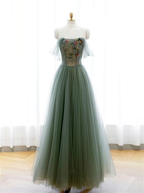 Strapless Green Tulle Floral Long Prom Dresses Green Tulle Floral For
