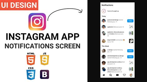 Instagram App Ui Template E04 Notifications Screen Html Css Bootstrap Speed Coding Youtube