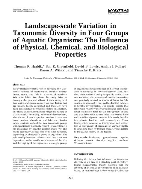 Pdf Landscape Scale Variation In Taxonomic Diversity In Four Groups Of Aquatic Organisms The