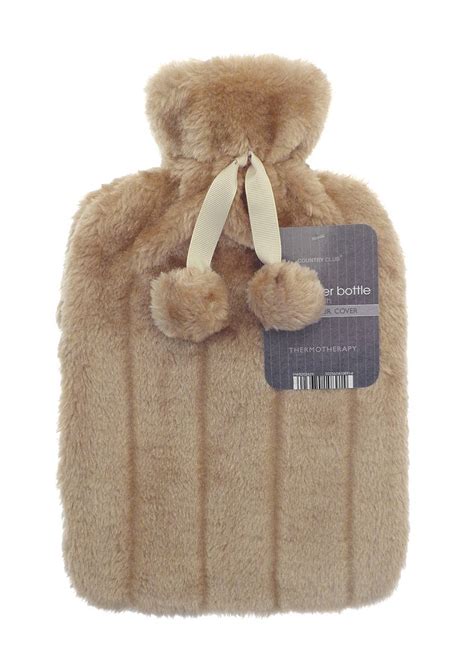 Toffee Biscuit Cosy Faux Fur Pompom 2l Hot Water Bottle Heat Treats