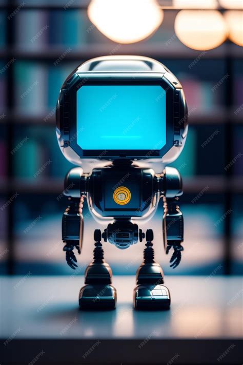 A Robot With A Blank Screen On Its Face Stands On A Table In Front Of A