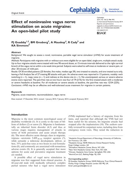 Pdf Effect Of Noninvasive Vagus Nerve Stimulation On Acute Migraine