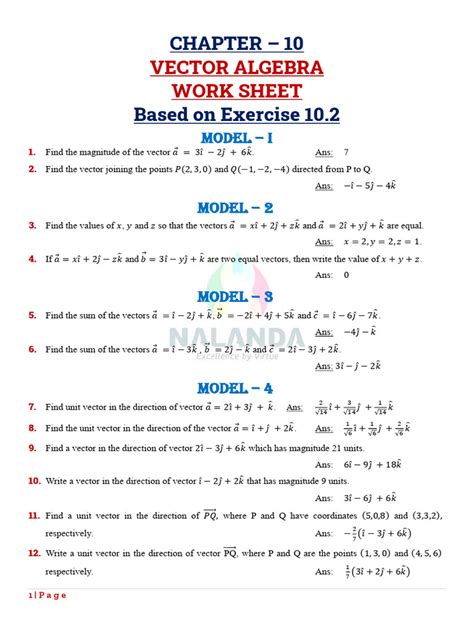 Vector Algebra Work Sheet 1 Pdf Area Euclidean Vector