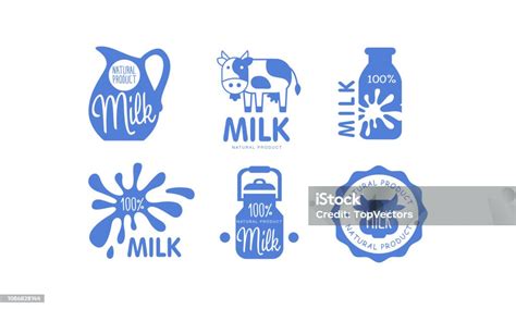 牛奶天然產品標誌集 新鮮乳製品標籤 標誌設計在藍色的顏色向量例證在白色背景向量圖形及更多乳酪圖片 乳酪 健康飲食 包裝品 Istock