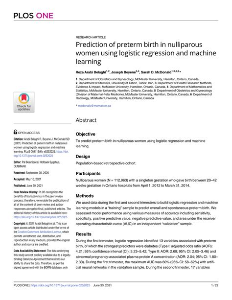 Pdf Prediction Of Preterm Birth In Nulliparous Women Using Logistic