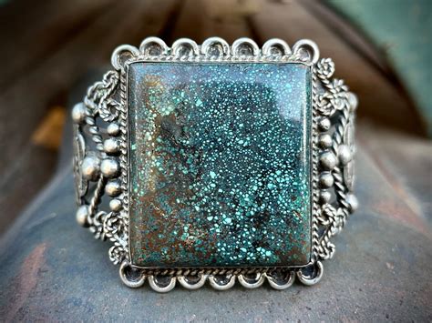 Vintage Micro Spiderweb Turquoise Cuff Bracelet Sterling Silver Square