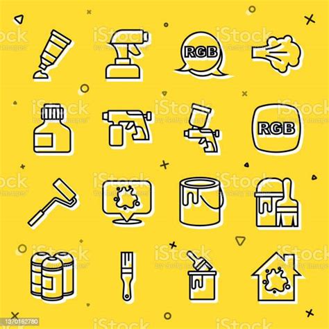 세트 라인 페인트 집 브러시 Rgb 스프레이 건 페인트 구아슈 항아리 염료 튜브 페인트 팔레트와 아이콘을 가진 양동이 벡터 Cmyk에 대한 스톡 벡터 아트 및 기타 이미지