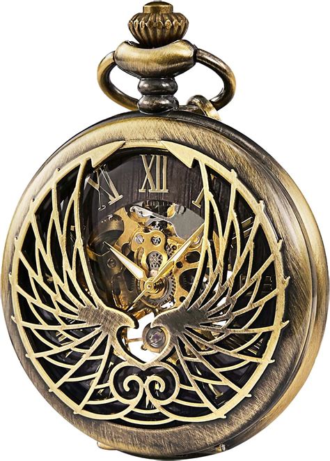 TREEWETO Unisex Taschenuhr Mit Kette Analog Handaufzug Adler Skelett R