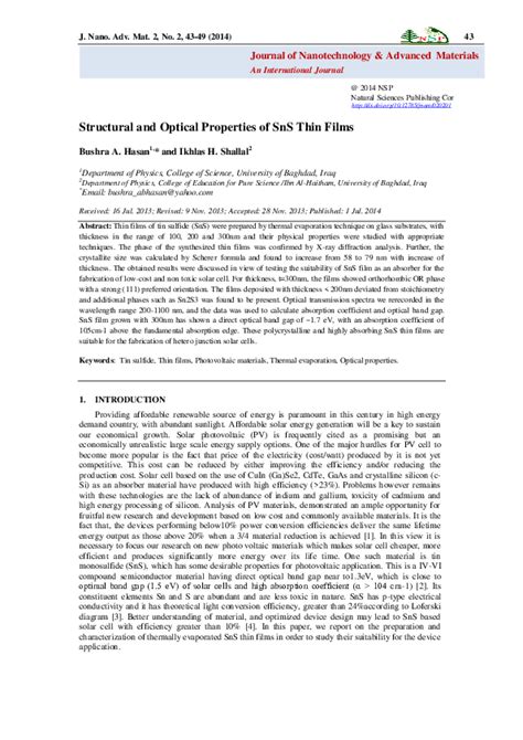 Pdf Structural And Optical Properties Of Sns Thin Films