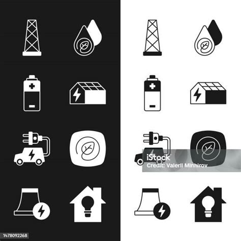 태양 에너지 패널 배터리 안테나 물 전기 자동차 나뭇잎이있는 위치 스마트 하우스와 전구 및 원자력 발전소 아이콘을 설정합니다 벡터 검은색에 대한 스톡 벡터 아트 및 기타