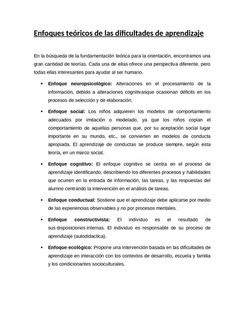 Enfoques teóricos de las dificultades de aprendizaje Apuntes de Psicología Educacional Docsity