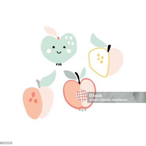 벡터는 나뭇잎이있는 복숭아의 일러스트레이션을 설정합니다 절반 슬라이스 및 복숭아 과즙 살구 또는 사과의 전체 모양 과일은 흰색