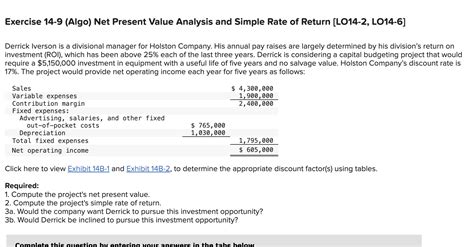 solved exercise 14 9 algo net present value analysis and