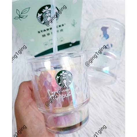 ส่งฟรี พร้อมส่งในไทย Starbucks สตาร์บัค 450ml แก้วฝาปิดมีหลอด ลายสีใส
