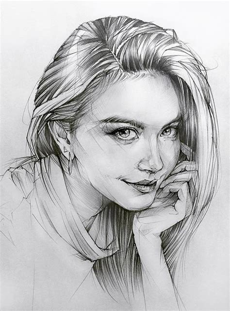 A Pencil Drawing Of A Woman With Her Hand On Her Chin