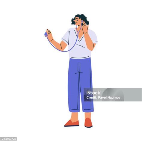 プロの病院労働者としての女医のキャラクターは聴診器で心拍を聞くベクトル図 イラストレーションのベクターアート素材や画像を多数ご用意