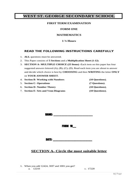 Form 1 Paper Term 1 Mathematics 2019 Pdf Numbers Mathematics